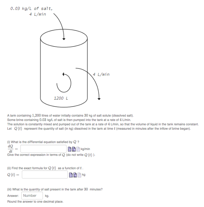 Solved A tank containing 1,200 litres of water initially | Chegg.com