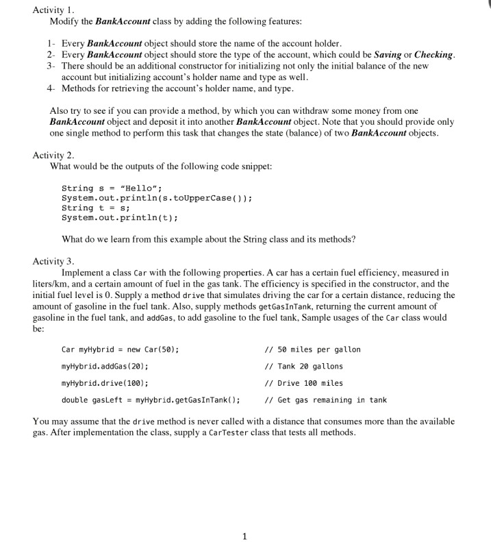 Solved Activity 1. Modify the BankAccount class by adding | Chegg.com