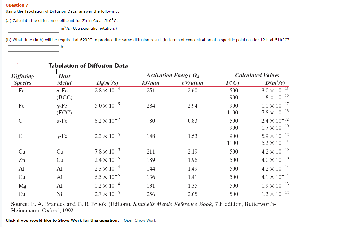 Solved Question 7 Using the Tabulation of Diffusion Data, | Chegg.com