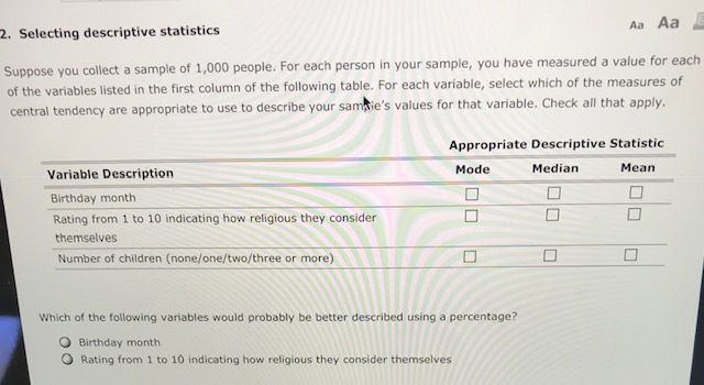 Solved Aa Aa E 2. Selecting descriptive statistics Suppose | Chegg.com