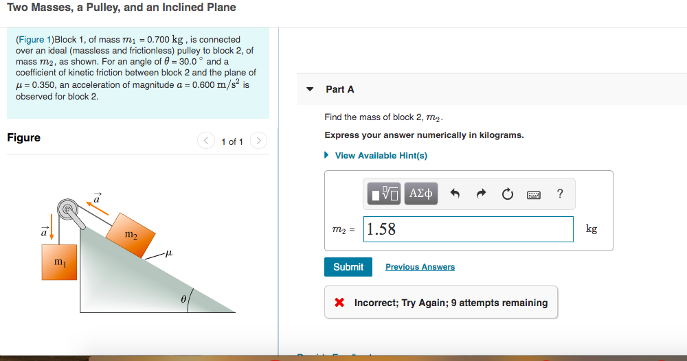 Solved Two Masses, a Pulley, and an Inclined Plane (Figure | Chegg.com