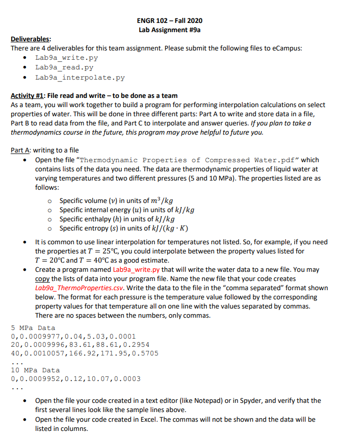 ENGR 102 - Fall 2020 Lab Assignment #9a Deliverables: | Chegg.com