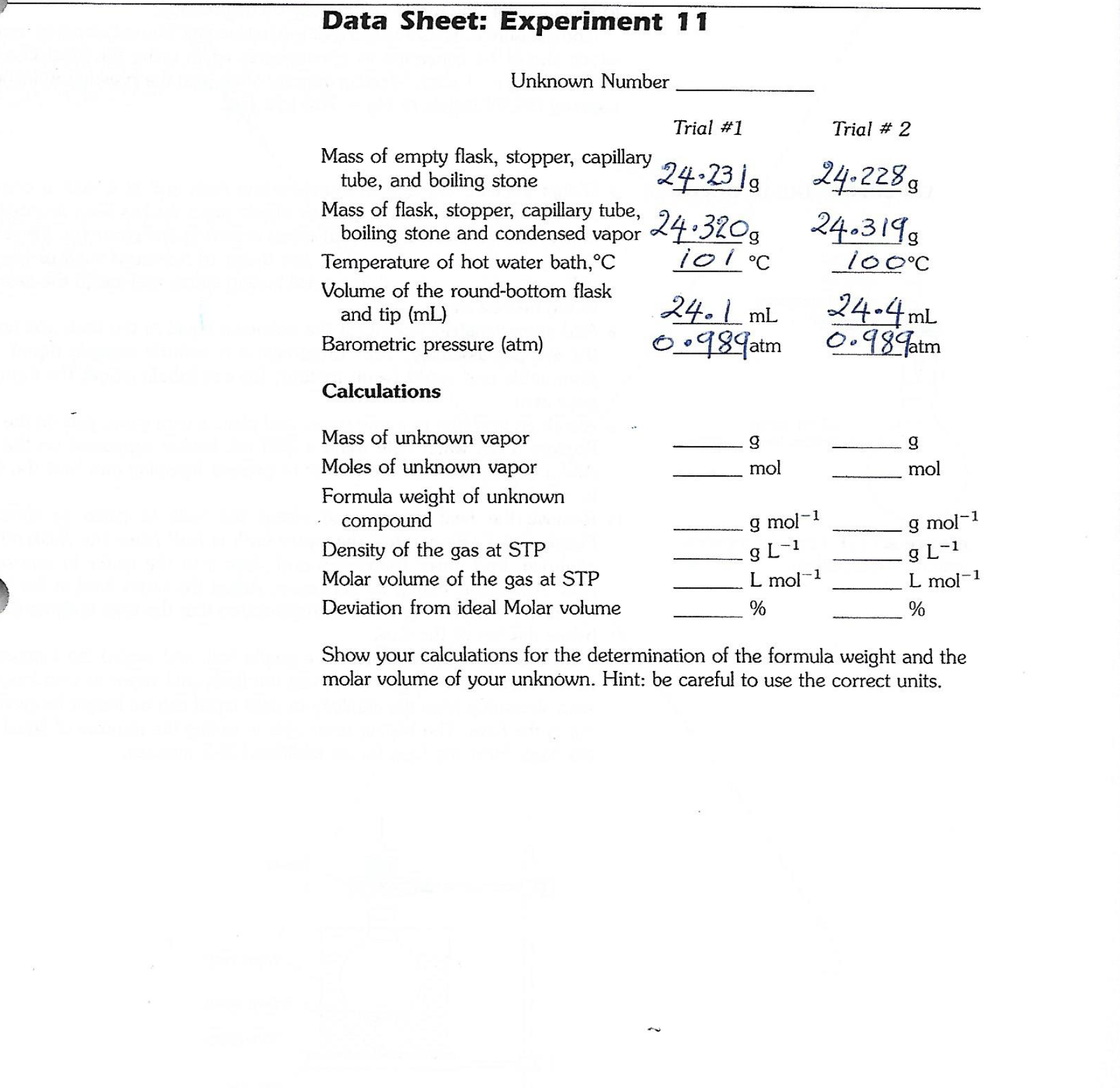 Solved Data Sheet: Experiment 11 ﻿Volatile liquidPlease do | Chegg.com