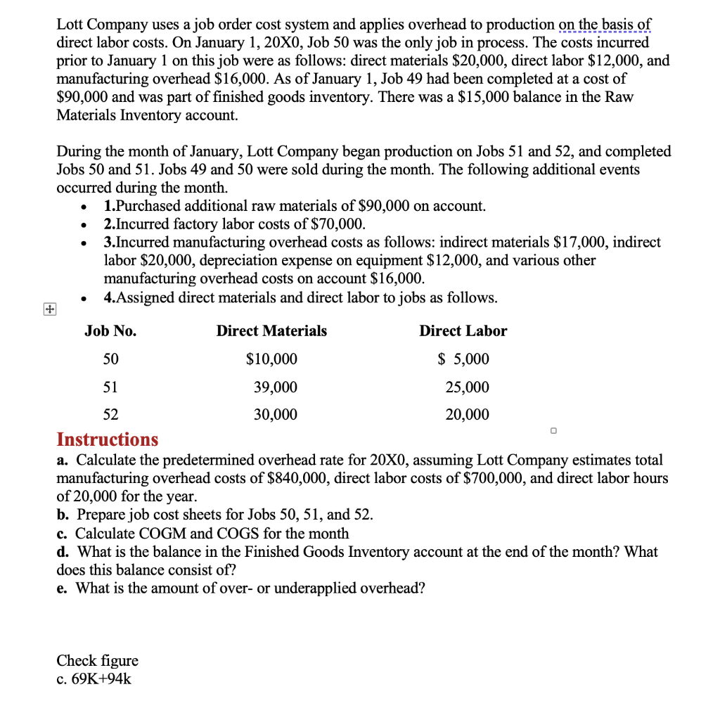 Solved Lott Company uses a job order cost system and applies | Chegg.com