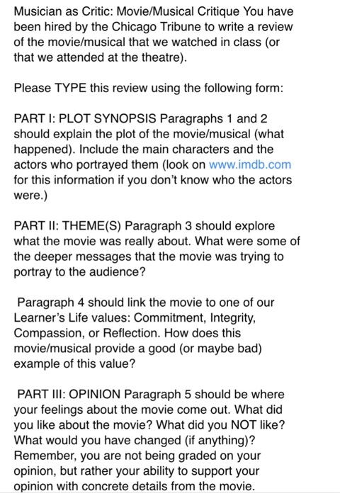 Solved Musician as Critic: Movie/Musical Critique You have | Chegg.com