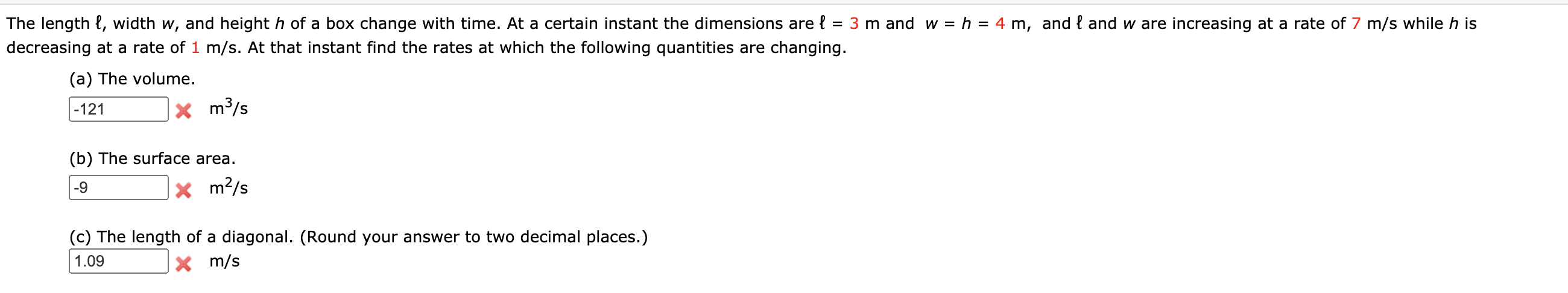 Solved The length l, width w, and height h of a box change | Chegg.com