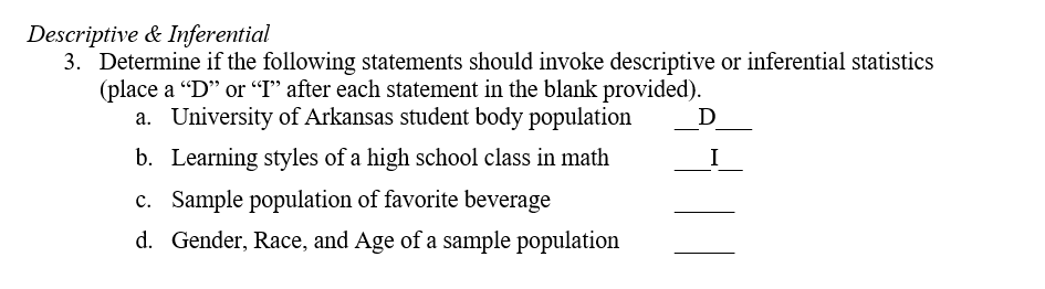 Solved Descriptive & Inferential 3. Determine if the | Chegg.com