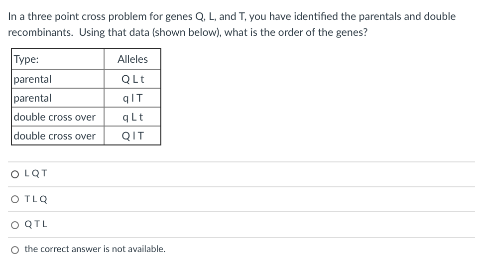 Solved In a three point cross problem for genes Q, L, and T, | Chegg.com