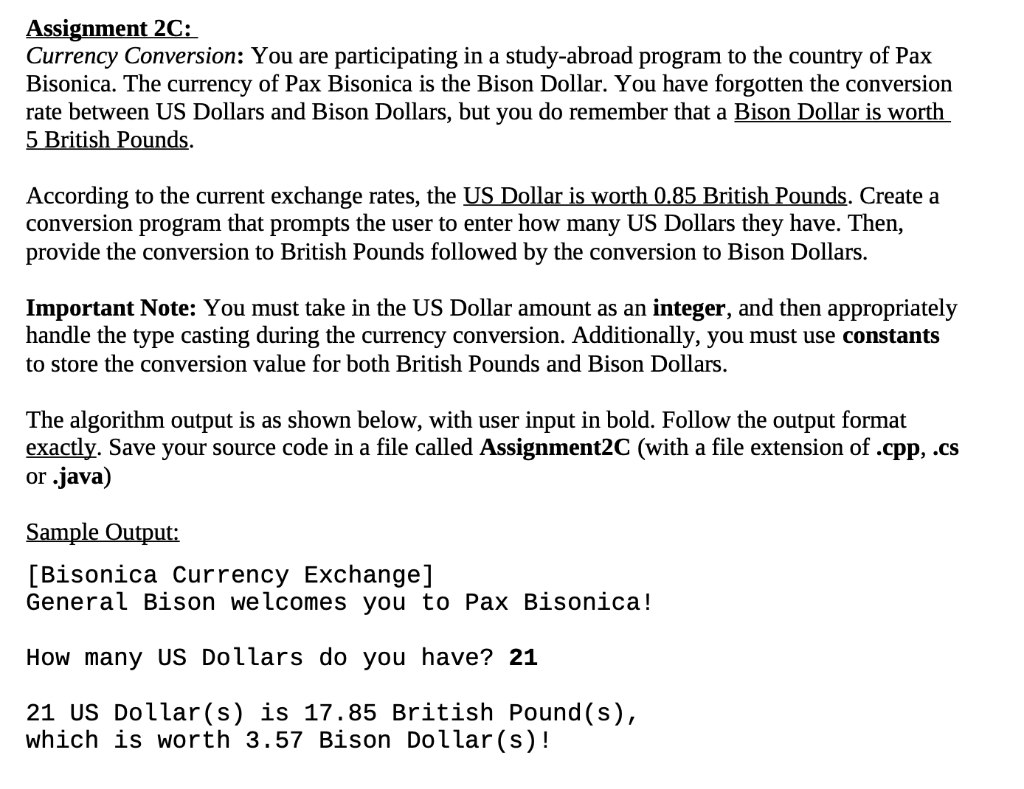 Solved Assignment 2C: Currency Conversion: You are | Chegg.com