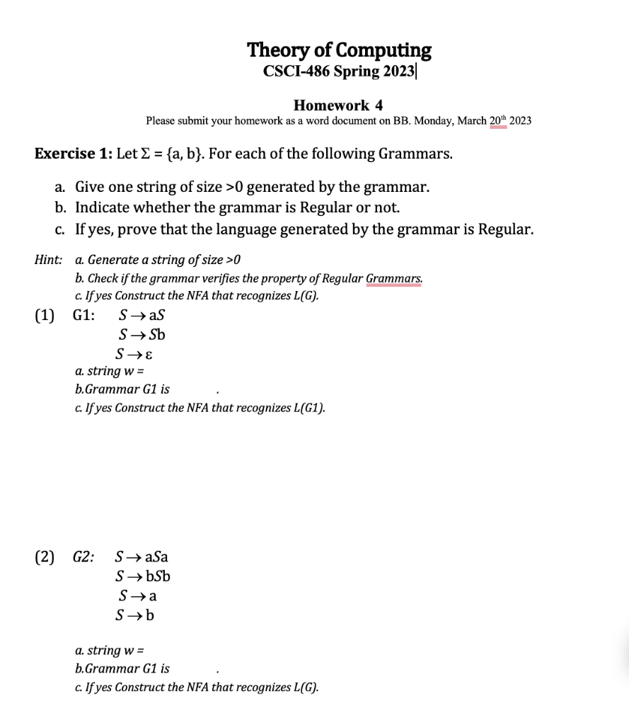 Solved Exercise 1: Let Σ={a,b}. For each of the following | Chegg.com