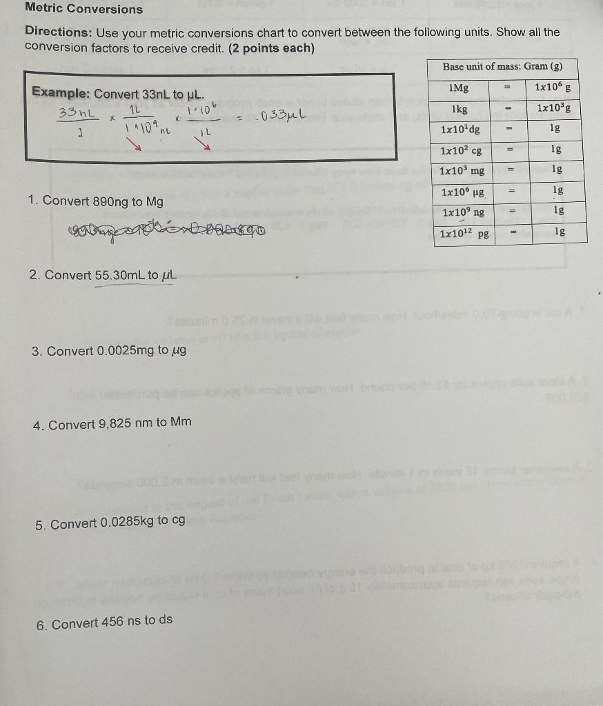 Solved Metric Conversions Directions: Use your metric | Chegg.com