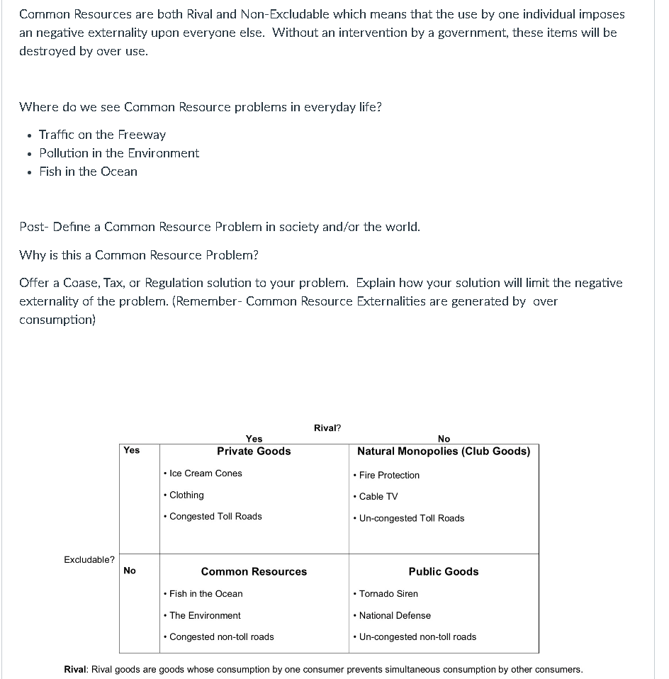 Solved Common Resources are both Rival and Non-Excludable | Chegg.com