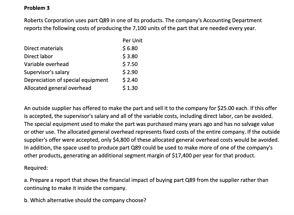 Solved Roberts Corporation uses part Q89 in one of its | Chegg.com