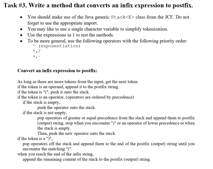 Task #3. Write a method that converts an infix | Chegg.com