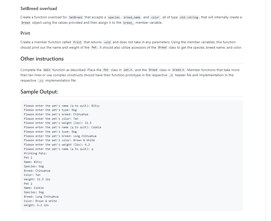 Solved Pets Breed Class Create a class with the following: | Chegg.com