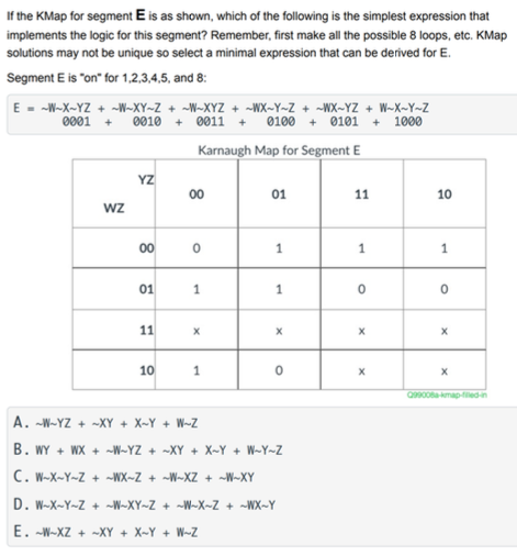 Solved If the KMap for segment E is as shown, which of the | Chegg.com