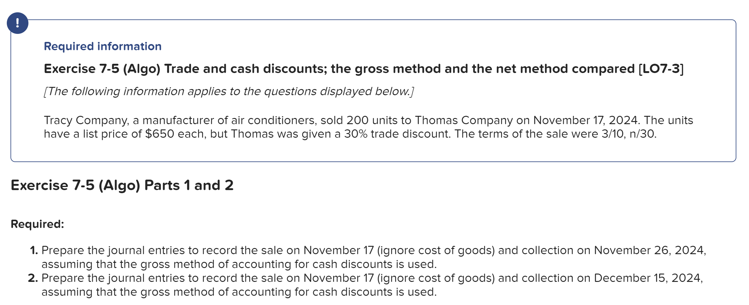 Solved Required information Exercise 7-5 (Algo) Trade and | Chegg.com