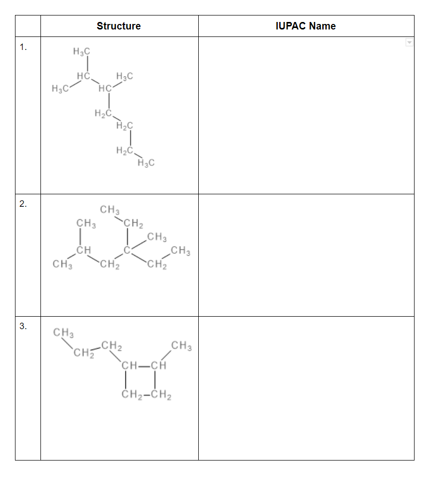 Solved Structure IUPAC Name 1. Нас HC Нас нс H3C HC HC H2C | Chegg.com