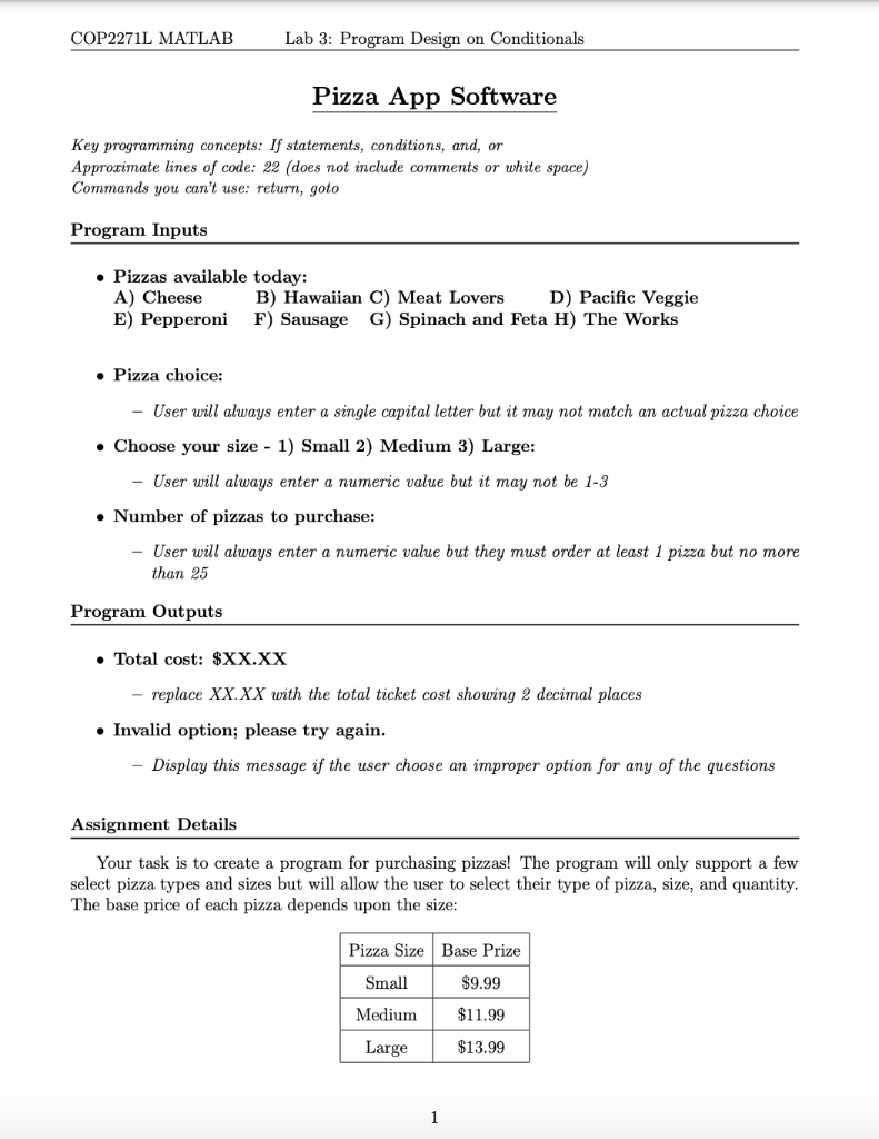 Solved COP2271L MATLAB Lab 3: Program Design on Conditionals | Chegg.com