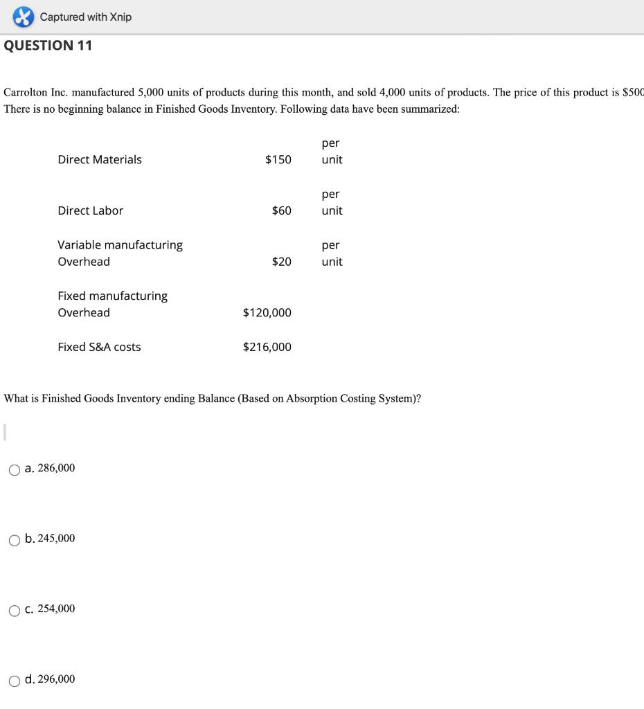 Solved Captured with Xnip QUESTION 11 Carrolton Inc. | Chegg.com