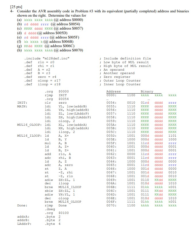 [25 pts) 4- Consider the AVR assembly code in Problem | Chegg.com