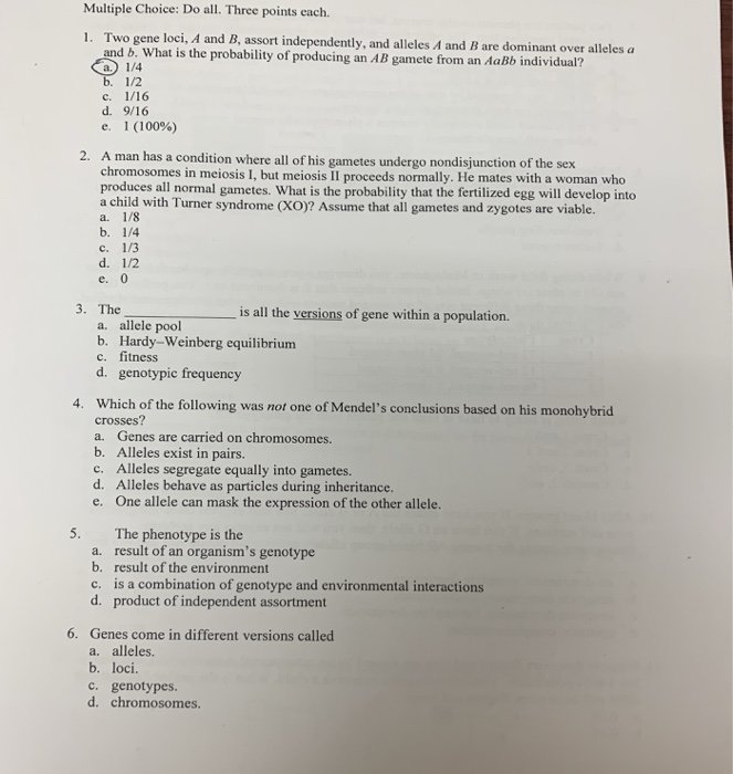 Solved Multiple Choice: Do all. Three points each 1. Two gen | Chegg.com