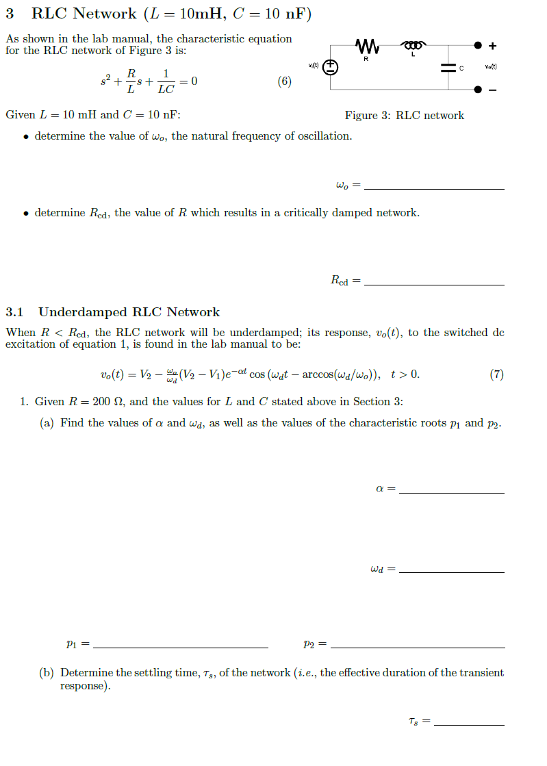 Solved 3 RLC Network (L=10mH,C=10nF) As shown in the lab | Chegg.com