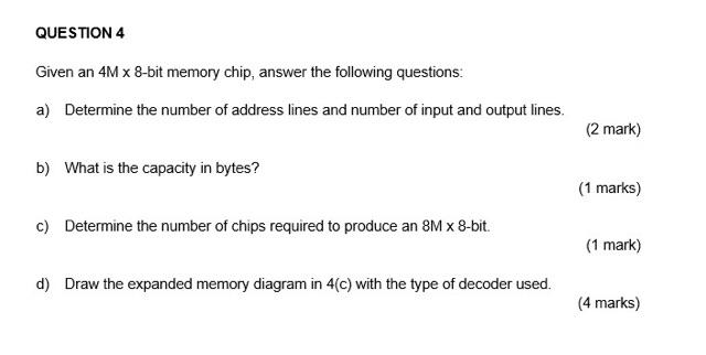 Solved QUESTION 4 Given an 4M x 8-bit memory chip, answer | Chegg.com