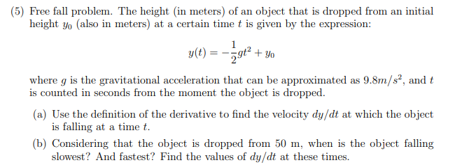 Solved Free Fall Problem The Height In Meters Of An