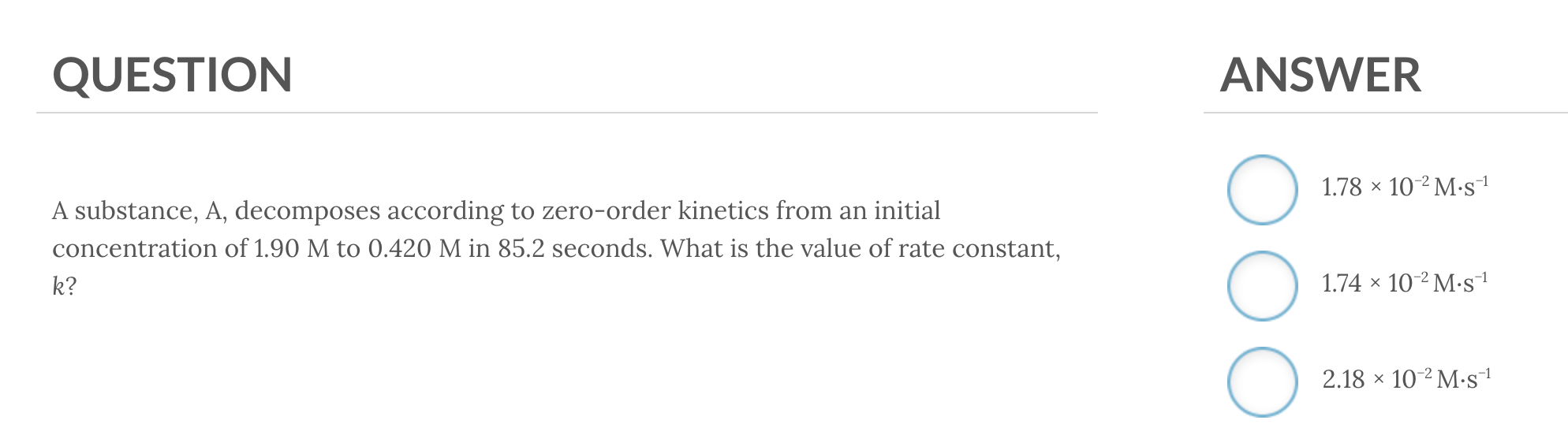Solved QUESTION ANSWER 1.78 x 10-2 M:s-1 A substance, A, | Chegg.com