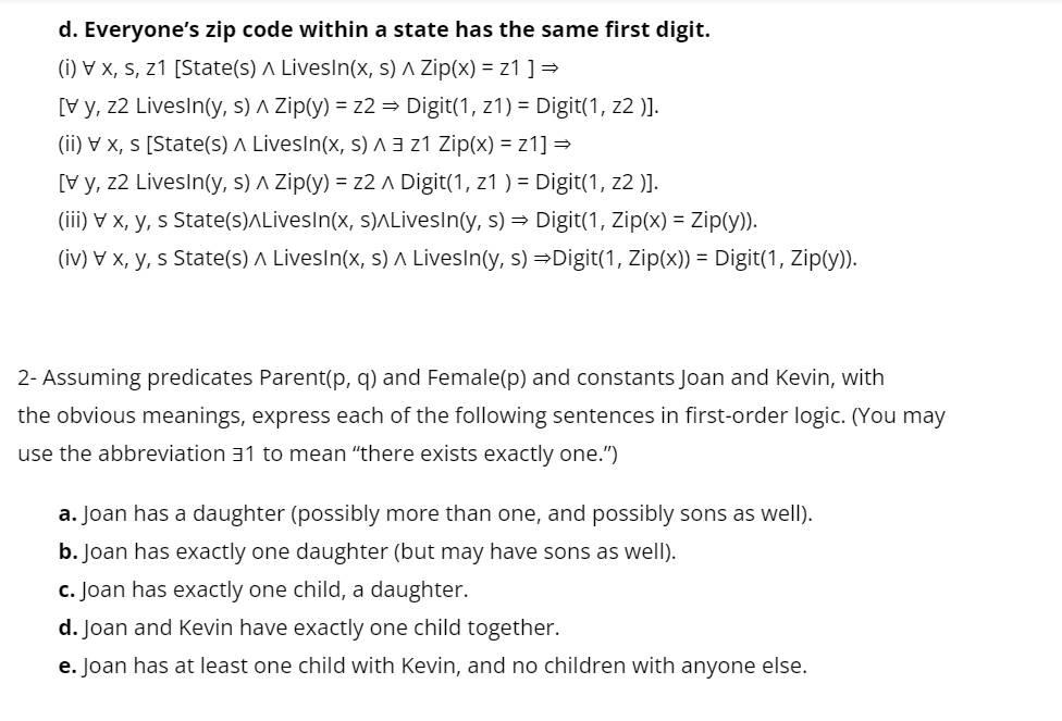 Solved d. Everyone's zip code within a state has the same | Chegg.com