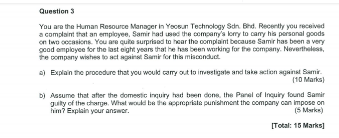 Solved Question 3 You are the Human Resource Manager in | Chegg.com