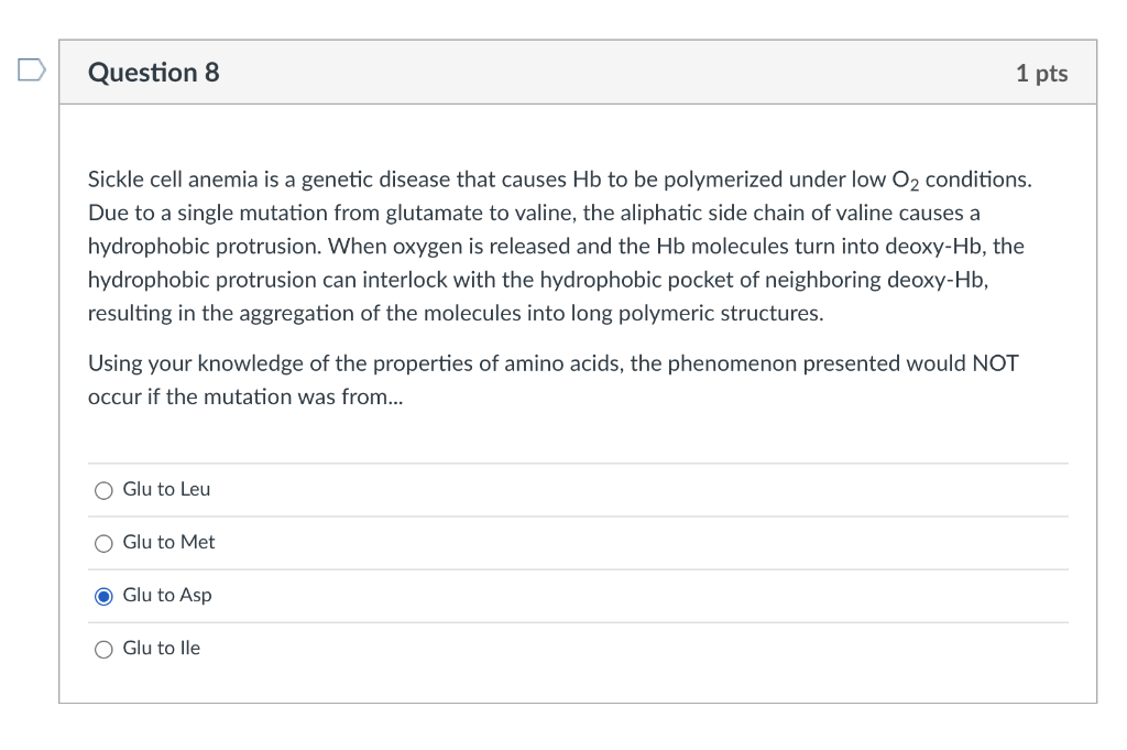 Solved U Question 8 1 pts Sickle cell anemia is a genetic | Chegg.com