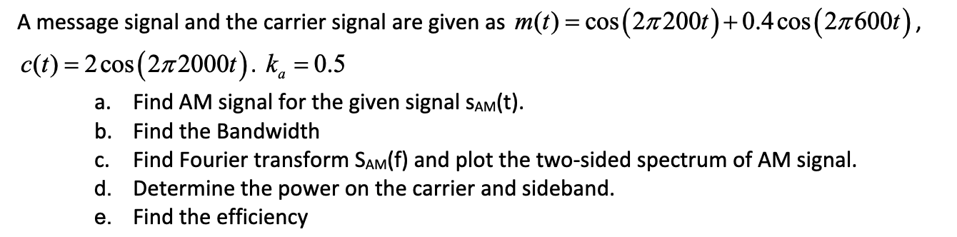 Solved a. A message signal and the carrier signal are given | Chegg.com