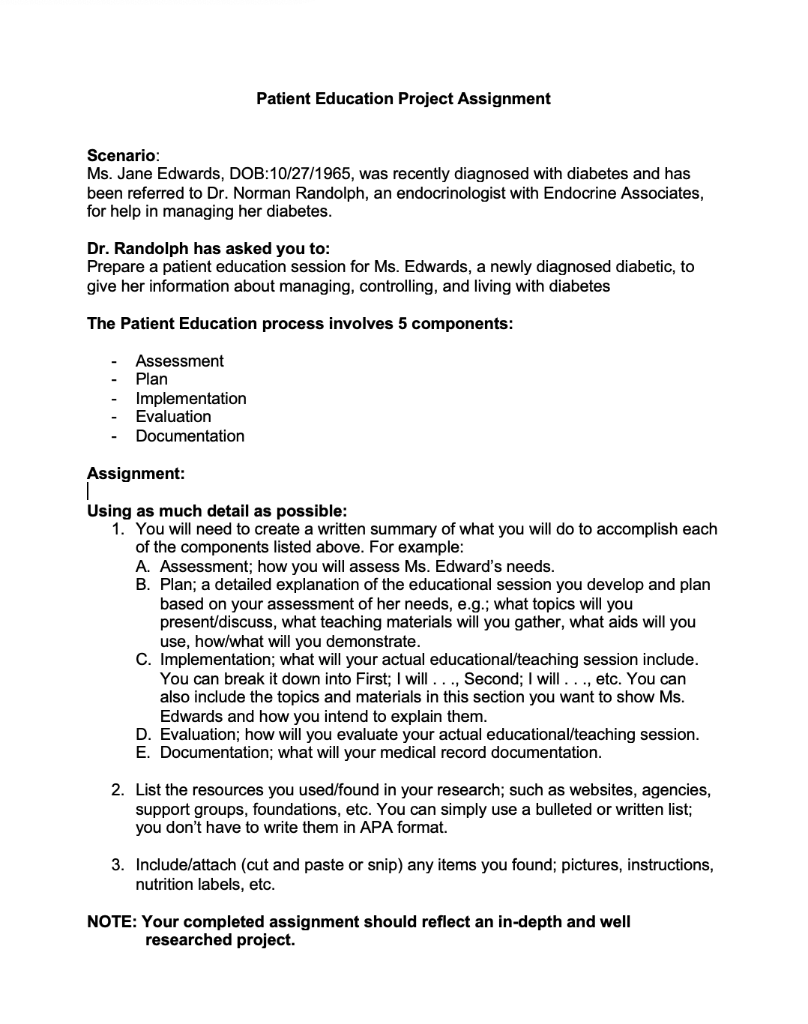 Solved Patient Education Project Assignment Scenario: Ms. | Chegg.com