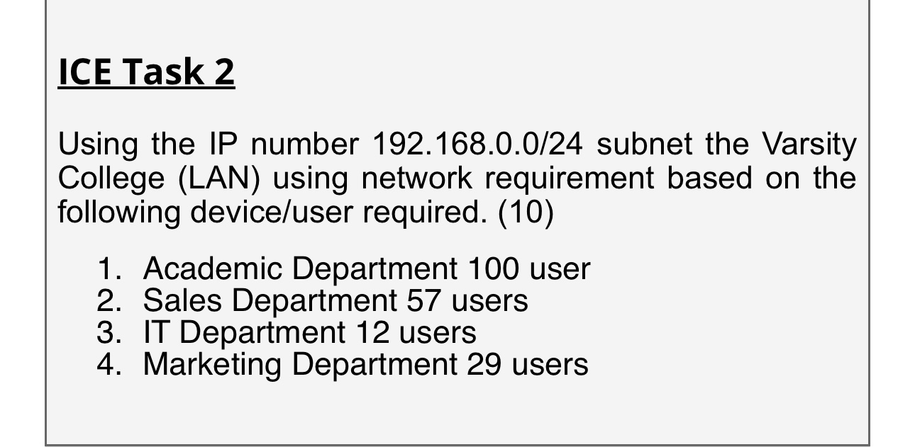 Solved ICE Task 2Using the IP number 192.168.0.0/24 ﻿subnet | Chegg.com