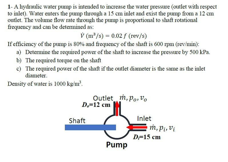1- A hydraulic water pump is intended to increase the | Chegg.com