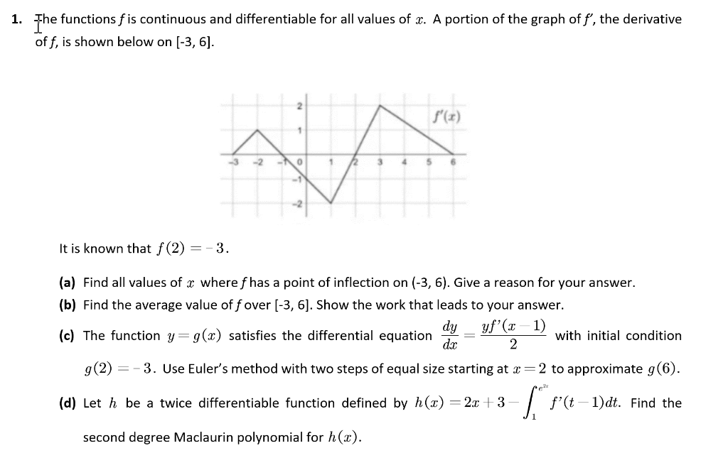 Solved 1. The functions fis continuous and differentiable | Chegg.com