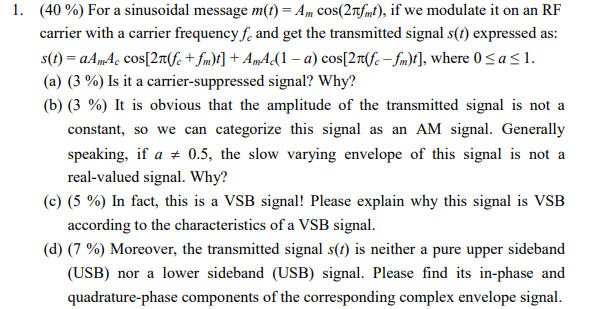 Solved 1. (40%) For a sinusoidal message m(t) = Am | Chegg.com