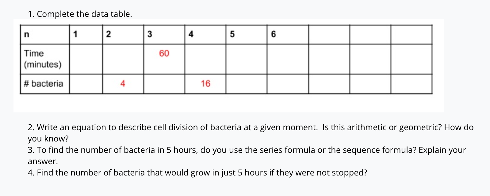 Solved 1. Complete the data table. 2. Write an equation to | Chegg.com