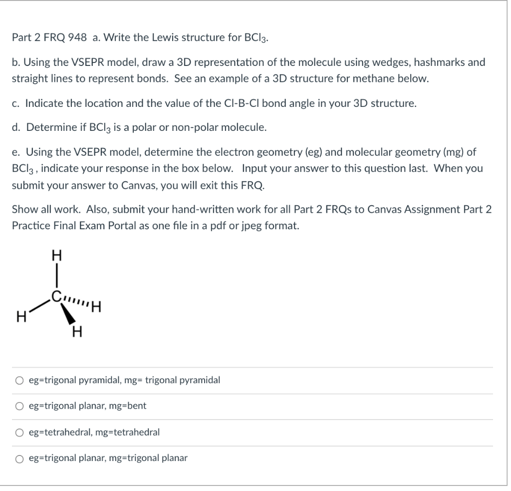 Solved Part 2 FRQ 948 a. Write the Lewis structure for BCl3. | Chegg.com