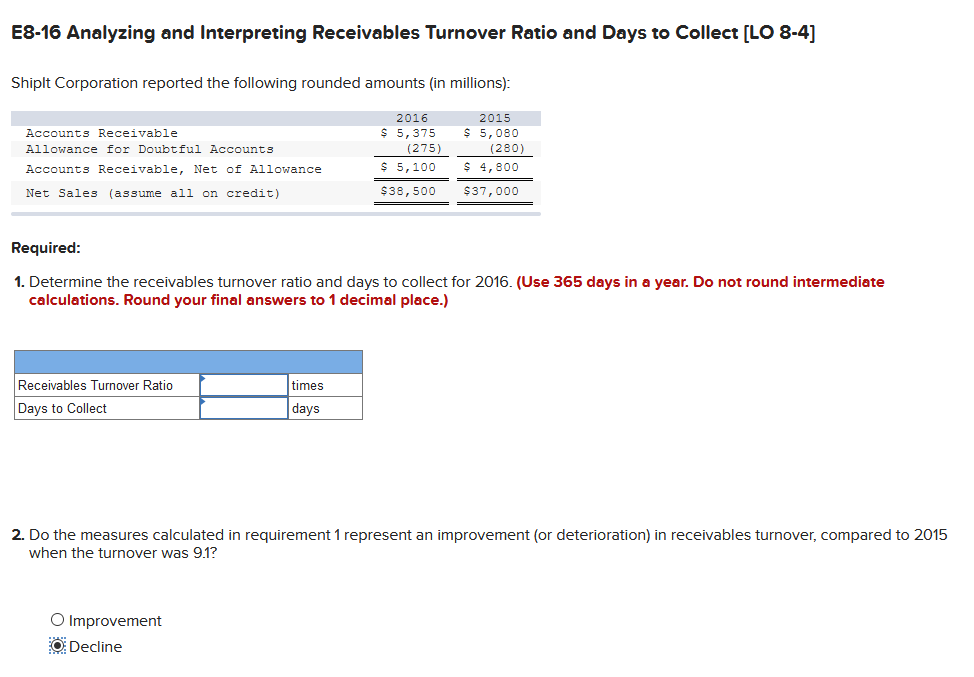 Solved E8-16 Analyzing and Interpreting Receivables Turnover | Chegg.com