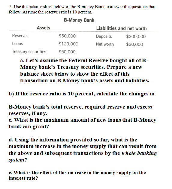 Solved 7. Use the balance sheet below of the B-money Bank to | Chegg.com