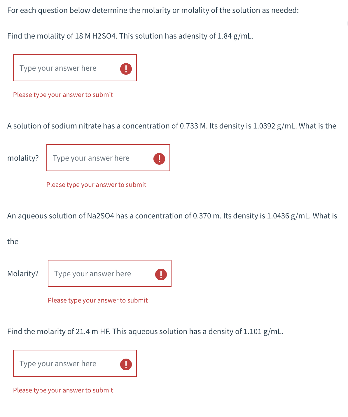 Solved For each question below determine the molarity or | Chegg.com
