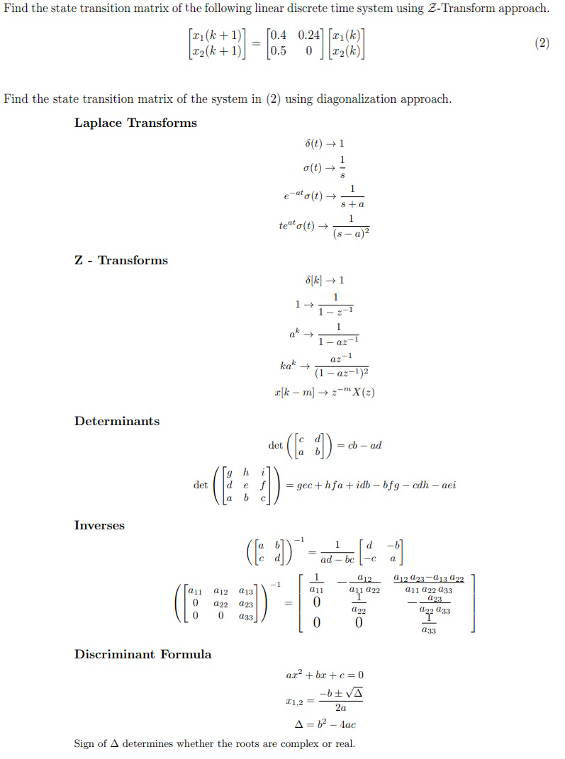 Find the state transition matrix of the following | Chegg.com