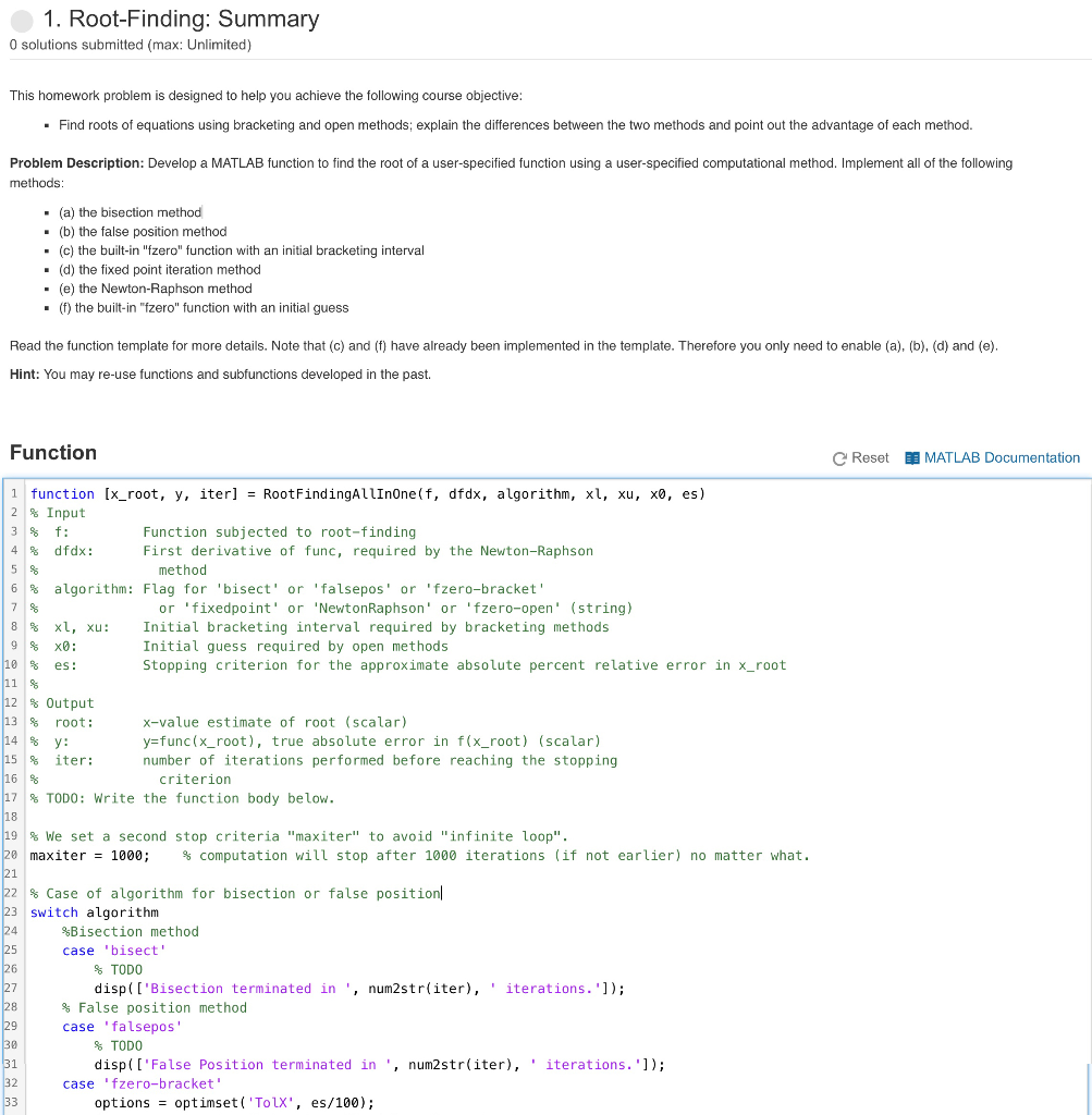 Solved 1. Root-Finding: Summary O solutions submitted (max: | Chegg.com