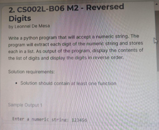 Solved 2. CS002L-B06 M2 - Reversed Digits by Leonnel De Mesa | Chegg.com