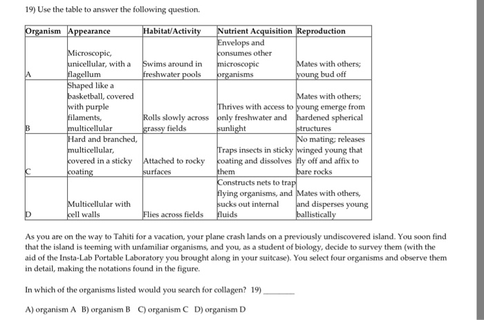 Solved 19) Use the table to answer the following question. | Chegg.com
