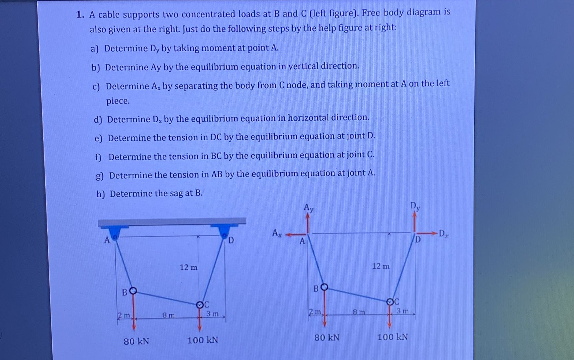 Solved 1. A cable supports two concentrated loads at B and C | Chegg.com