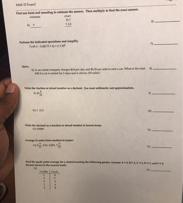 Solved Math 32 Exam3 Fint ase fromt end rounding to estimate | Chegg.com